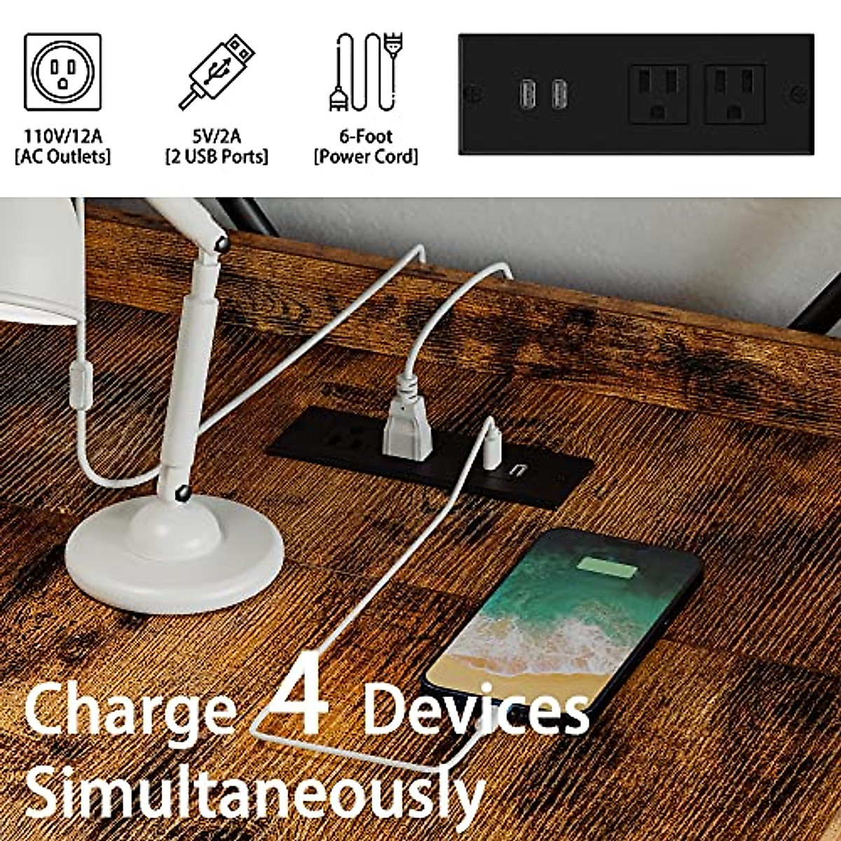 IRONCK Computer Desk 47" with Power Outlet & Storage Shelves, Study Writing Table with USB Ports Charging Station, PC Desk Workstation for Home Office, Rustic Brown