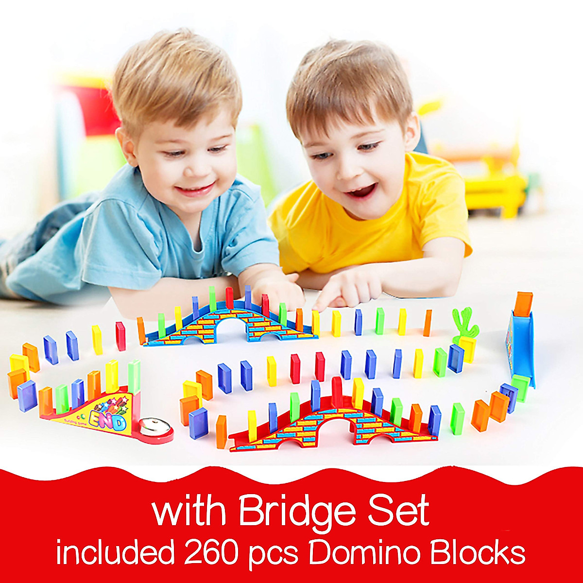 Wellin 260 pcs Blocks Domino Train Toy with Bridge Set Mega Pack Domino Game for 3-12 Years Old Boys Building Blocks Stacking Tile Games (260 pcs Domino Train with Bridge Set)