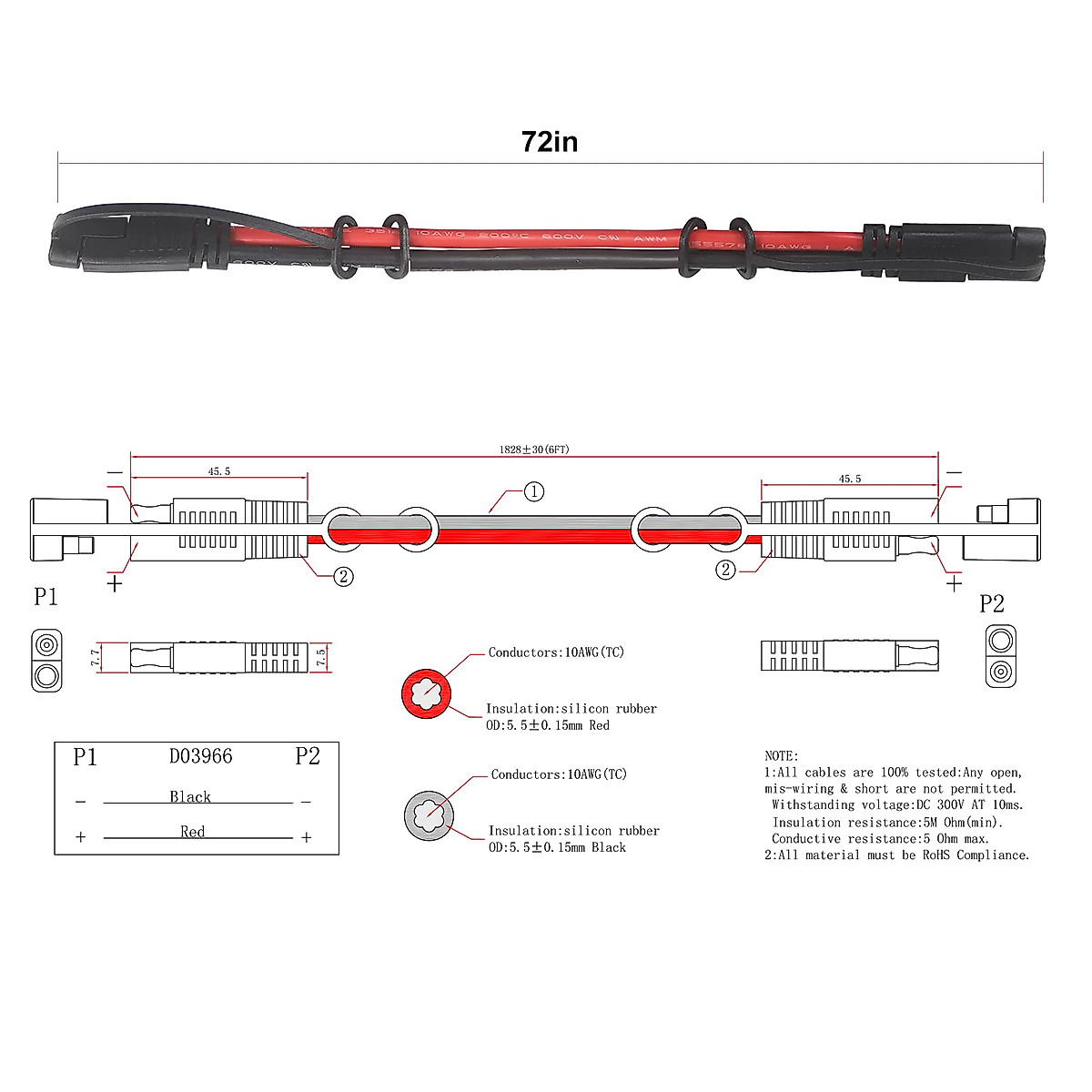 10Gauge Sae Extension Cable 10AWG - 10FT Sae to Sae Cable Battery Charger Extension Cord Heavy Duty 10AWG Quick Disconnect Sae 2Pin Connector Solar Panel Power Connect Plug Harness with Waterproof Cap