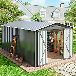HOGYME 10x12 FT Outdoor Storage Shed, Large Metal Tool Sheds with Updated Frame Structure and Lockable Doors, Garden Shed for Backyard Garden Patio Lawn, Black