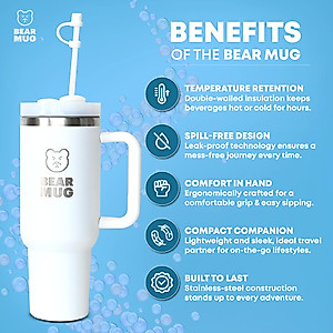 The Original Bear Mug: 40oz Insulated Flask With Handle & Straw | Hot & Cold Insulated | Stainless Steel Water Bottle Alternative | Travel Mug Fits Cupholders | Leak Proof (White)
