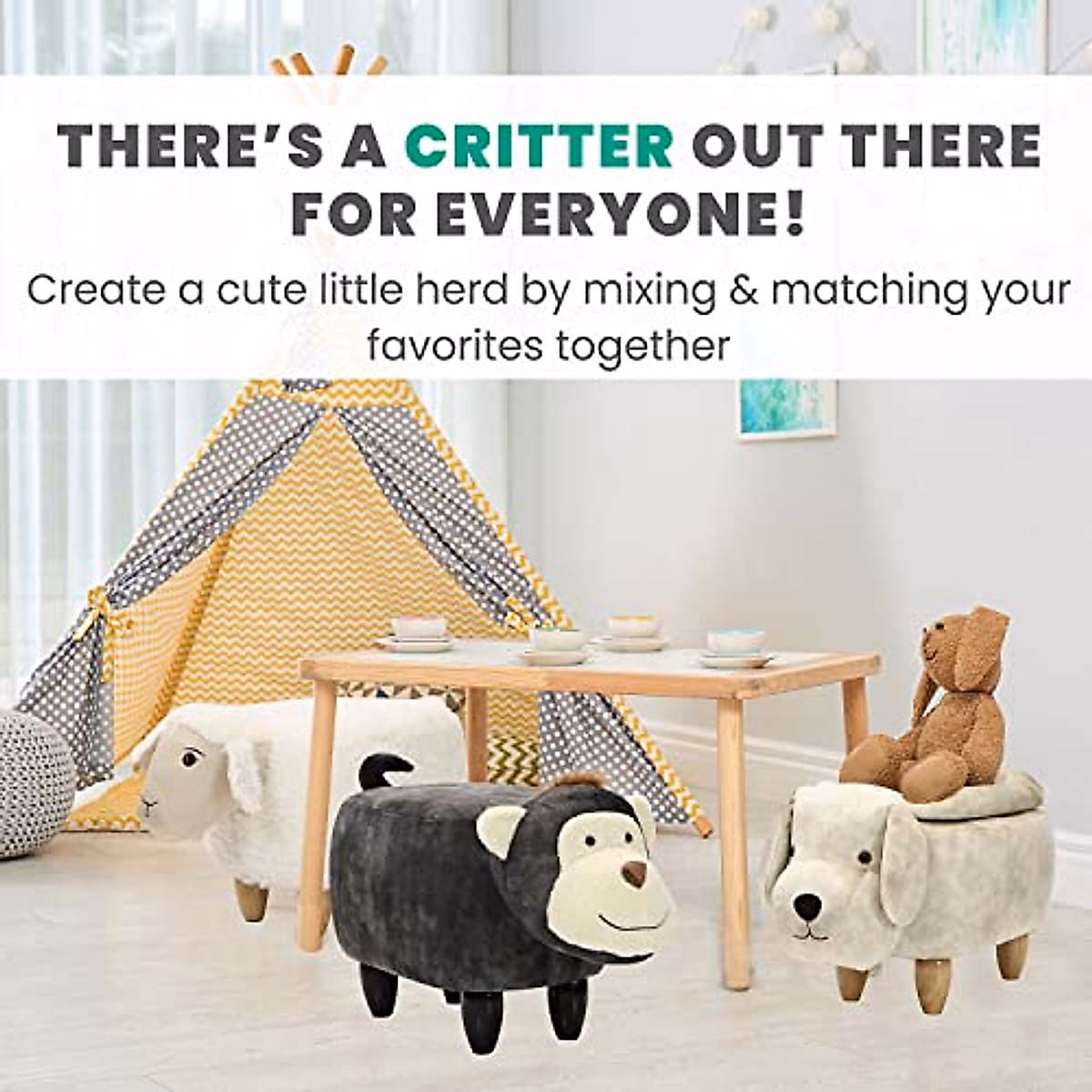 CRITTER SITTERS 15-in. Seat Height Faux Leather Gray Dog Animal Shape Ottoman - Furniture for Nursery, Bedroom, Playroom, and Living Room Decor