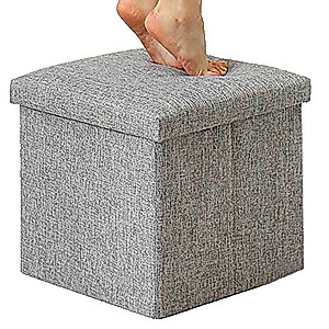 RONSTA Storage Ottoman, Foldable Cube Ottoman with Storage for Children, Foot Rest, Cloth Foot Stools and Ottomans with Memory Foam and Faux Linen Seat (Grey)