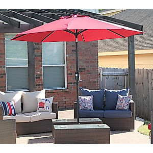 Sun-Ray 811028 9' Round Next Gen 8-Rib Solar Patio Umbrella 32 LED Within Unique Strip Lighting, Crank and Tilt, 9 ft, Scarlet/Red