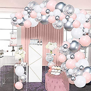 Silver Pink Balloons Garland Kit, 100pcs White and Silver Confetti Metallic Latex Balloons Arch with 16ft Tape Strip & Dot Glue for Girl Baby Shower, Birthday Party, Wedding, Anniversary Decorations