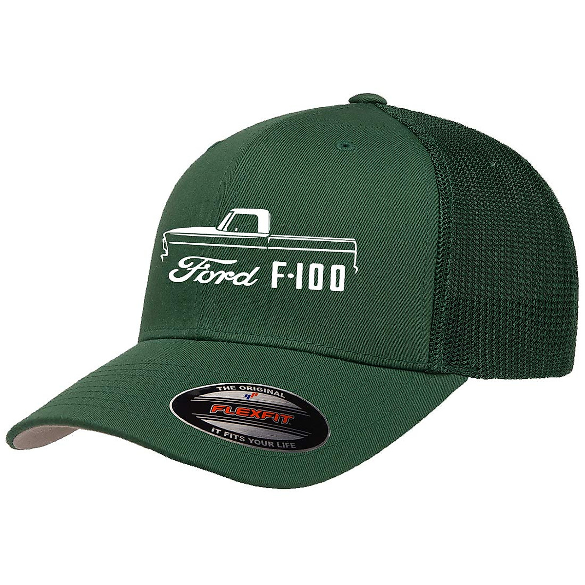 1967-72 Ford F100 Pickup Truck Outline Design Flexfit Trucker Mesh Fitted Cap Forest