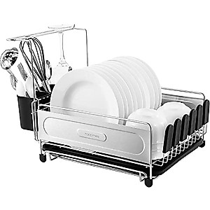 happimess DSH1000A Compact 17.25" Fingerprint-Proof Stainless Steel Dish Drying Rack, Dish Rack with Wine Glass Holder, Utensil Holder, Stainless Steel/Black, Silver/Black