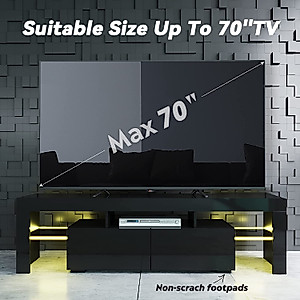 ADDJY Black TV Stands with LED Lights High Gloss TV Entertainment Center for 70 Inch TV with 2 Flip Down Drawers and Open Shelves, Modern Console Media Table Storage Desk for Up to 70 Inch TV