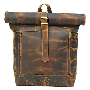 Satchel And Fable Men Leather Vintage Roll on Laptop Backpack Rucksack Bag Brown