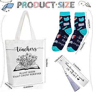 Sieral 4 Sets Book Lovers Gifts Teacher Gifts Includes 12 oz Stainless Steel Wine Tumbler with Lid Library Canvas Tote Bag Novelty Socks Thank You Bookmark Tassel for Nursing Teacher