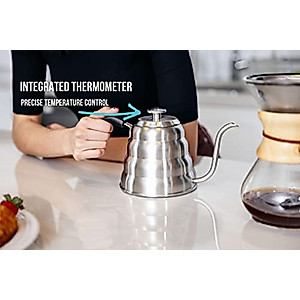 Barista Warrior Gooseneck Kettle for Pour Over Coffee and Tea with Thermometer for Exact Temperature, Precision Pour Drip Spout, Stainless Steel, Compatible with all Stove Tops (1.2 Liter, 40 fl oz)