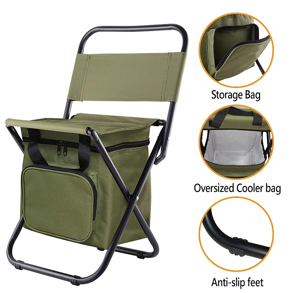 Kingmodern Portable Lightweight Camping Chair Outdoor Small Stool Folding Waterproof Oxford Fabric Backrest Chair Hold up 13 L Cooler Bags Suitable for Fishing,Hiking,Picnic,Travel BBQ(ArmyGreen)