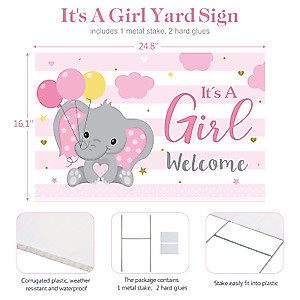 Baby Shower Yard Sign with Stake Gender Reveal Yard Sign Blue Pink Elephant Lawn Sign Baby Bear Lawn Sign Welcome Baby Announcement Sign for Boy Girl Outdoor Baby Shower Party Decorations(It's Girl)