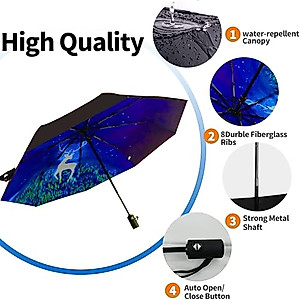 LLanxiry Umbrella Small Compact Travel Umbrellas for Rain Mini Folding Portable Automatic Open/Close Umbrella for Man/Women (elk starry sky)