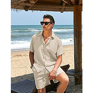 COOFANDY Men Linen Beach Outfit Summer Cuban Button Down Shirt and Short Set