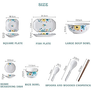 SILINE 29 PCS Dinnerware sets for 6,China Plates Bowls Sushi Dishes,Chopsticks and Spoons,Painted White Porcelain Tableware Set