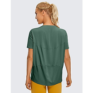 CRZ YOGA Women's Pima Cotton Short Sleeve Shirts Boat Neck Loose Fit Gym Workout T-Shirt Athletic Casual Tops Graphite Green X-Large