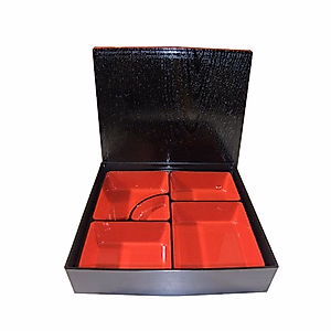 JapanBargain 1923, Red and Black Japanese Traditional Plastic Lacquered Lunch Bento Box 5 Compartments for Restaurant or Home Tray Plate and Lid 3pc Set Made in Japan, 9.5"x9.5"