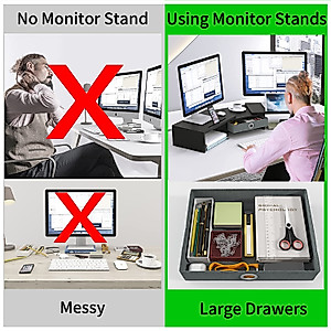WESTREE Dual Monitor Stand Riser with Drawer, Monitor Stand Riser for 2 Monitors, Adjustable Length and Angle, 2 Solts for Phone & Tablet, Desktop Organizer Stand for Computer/Laptop/PC/Printer