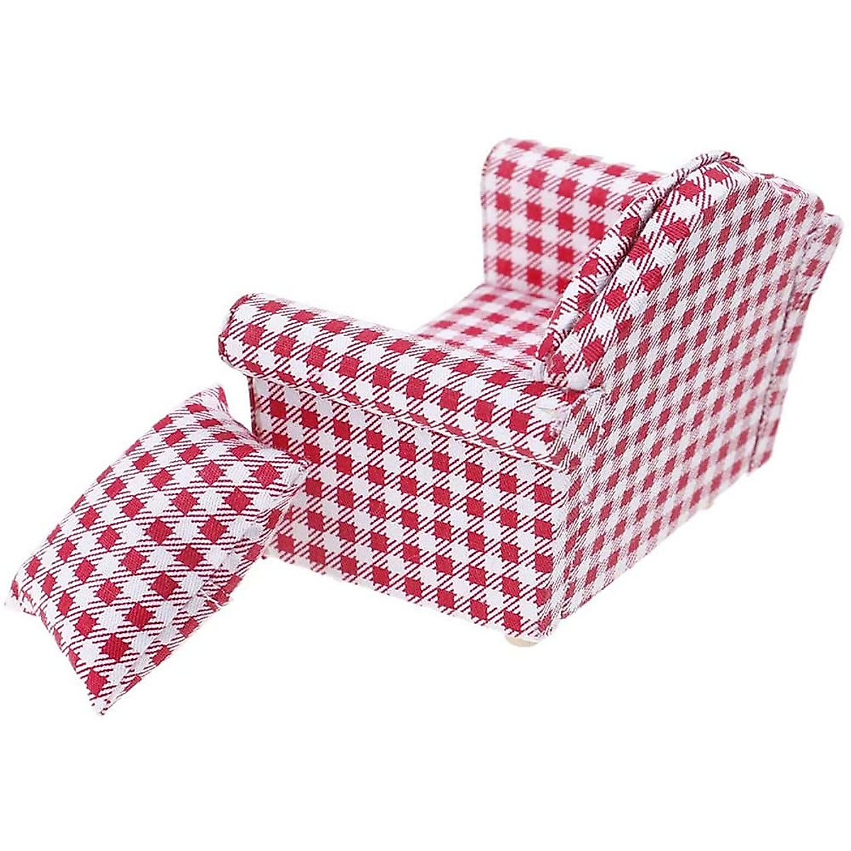 2 Sets 1:12 Scale DIY Dollhouse Sofa&Armchair with Pillow Mini Dolls House Furniture Couch&Chair Miniature Wooden Furniture Handmade Crafts Supplies Red Checkered Dollhouse Toy Dollhouse Accessories