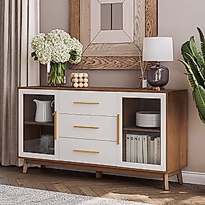 BELLEZE Sideboard Buffet Cabinet with 3 Drawers & 2 Doors, Console Table for Kitchen Glass Storage Cabinet Coffee Bar Accent Cabinet for Living Room Dining Room Hallway, White