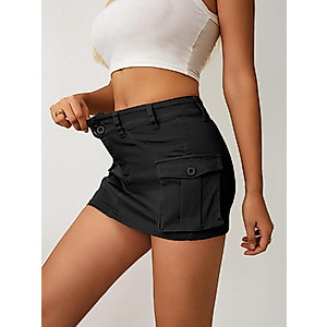 ELLEVEN Mini Cargo Skirts for Women High Stretchy, Low Waist Y2k Skirt Button Cute Denim Bodycon Jean Skirt with Pocket Black Medium