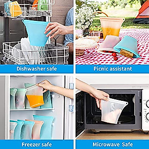 Reusable Silicone Food Storage Bags,Stand Up Leakproof Zip Containers,Reusable Sandwich Bags,Non-Toxic,BPA Free, Dishwasher Safe,Freezer-Safe,Easy to Clean（Set of 5）