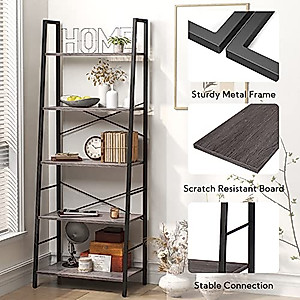 Yusong Bookshelf, Ladder Shelf 5-Tier Bookcase for Bedroom, Industrial Book Shelves Storage Rack with Metal Frame for Home Office, Gray