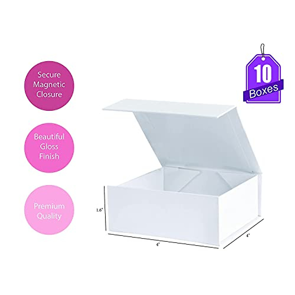 Purple Q Crafts SMALL White Hard Gift Box With Magnetic Closure Lid 4" x 4" x 1.6" Square Favor Boxes For Truffles, Candy, Jewelry, Small Gifts With White Glossy Finish (10 Boxes)