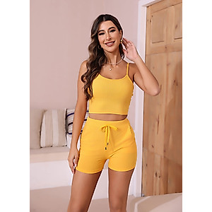 Remxi Women Ribbed Knit 3 Piece Outfits Tank Crop Sleeveless Kimono Cardigan Bodycon Short Pants Matching Sets Tracksuit Light Orange XL