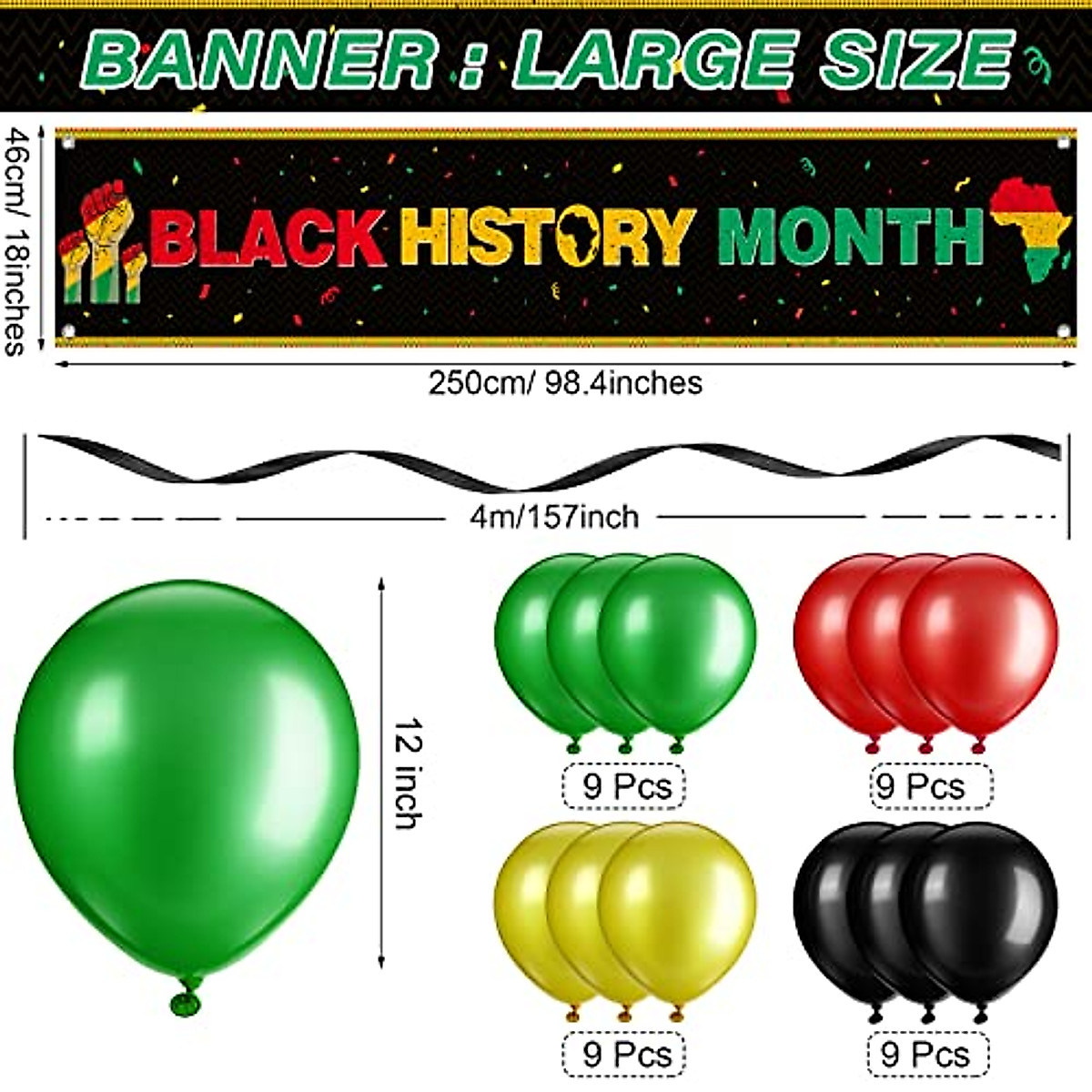 38 Pieces Black History Month Banner Balloons Decorations Set,Large Fabric African American Fence Yard Garage Banner with 36 Pieces Balloons for Black History Month National Holiday Party Decorations
