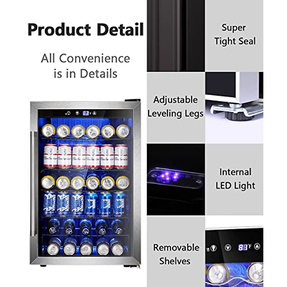 Joy Pebble Mini Fridge Beverage Cooler - 128 Can mini fridge with glass door for Soda Beer or Wine -Drink Dispenser Small Refrigerator with Adjustable Thermostat for Office Home (4.4 cu.ft)