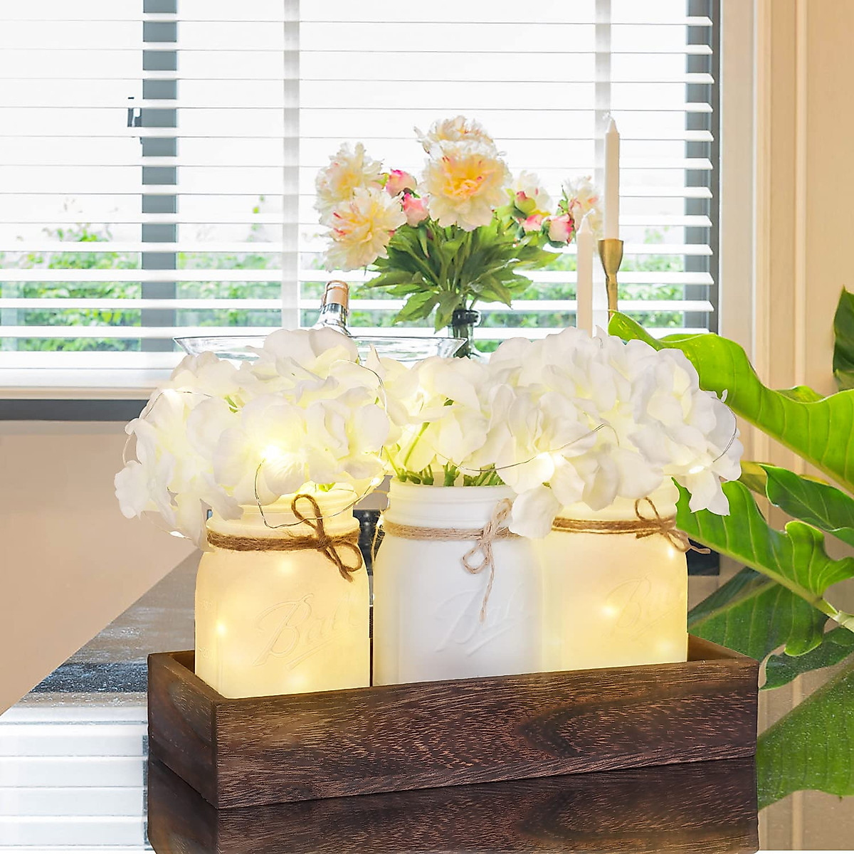 Waenerec Mason Jar Lighted Centerpiece Table Decorations Wood Tray with White Hydrangea Artificial Flowers Rustic Country Farmhouse Mason Jars Decor for Coffee Table Dining Room Living Room Kitchen