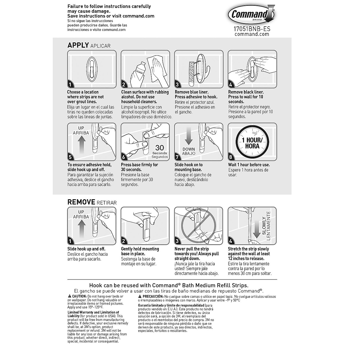 Command 17051BNB-2ES, Medium, Brushed Nickel, 2, 4-Water Resistant Strips, Organize Damage-Free Traditional Plastic Bath Hooks, 0, 2 Count