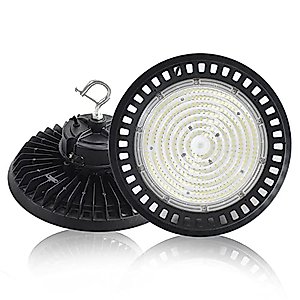 OSTEK 2Pack UFO led high Bay Light 150W, 0-10V Dimmable High Bay LED Lighting Fixture, 5000K, US Hook 5' Cable Barn Workshop Bay Lighting for Garage/Commercial Warehouse/Wet Location