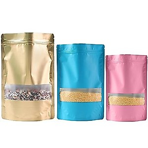 MENJITO 150 Pcs Stand-up Food Storage Bags with Window | 4.7"x7.8" Pink (50 Pcs), 5.9"x8.6" Blue (50 Pcs), 7.1"x10.2" Gold (50 Pcs) | Zip Lock Self-sealing Storage Bags | Reusable and Resealable