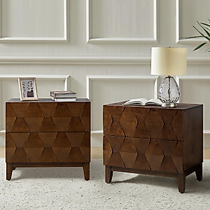 HULALA HOME Wood Nightstand Set of 2 with Charging Station, 2-Drawer Dresser with Wooden Legs, Mid-Century Modern Bedside Furniture, French-Style End Table for Bedroom or Living Room, Walnut