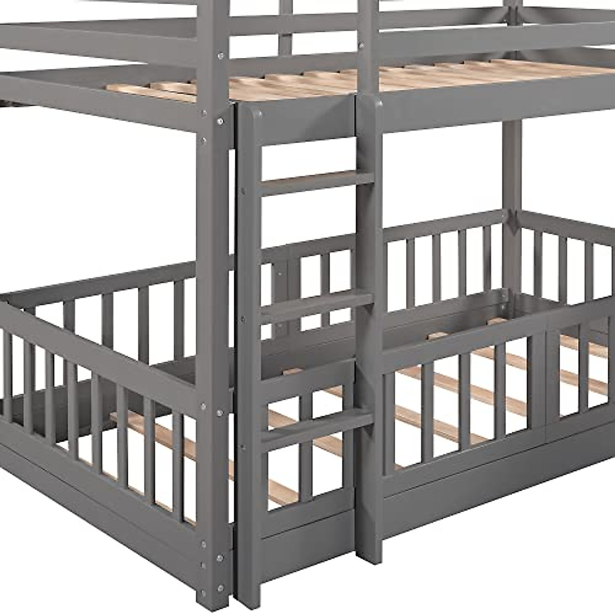 Twin Over Twin Low Bunk Bed for Kids, Ladder and Slide Can Be Interchanged or Remove, Solid Wood Bunk Bed Can Be Converted into Loft Bed (Gray + Fence Can Be Deleted)