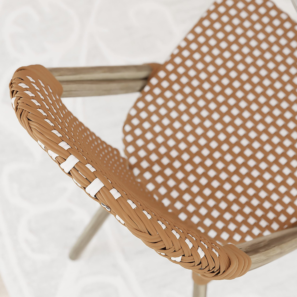 EMMA + OLIVER Colmar Bistro Chair - Natural & White Woven PE Seat and Back - Light Bamboo Finish Aluminum Frame - Set of Two