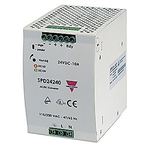 CARLO GAVAZZI SPD242401 DIN Rail Mount Switching Power Supply, 83.5 mm Wide, 90-264 VAC or 210-375 VDC Supply Voltage, Adjustable 24 VDC, 10 amp, 240 W output, 89% Efficiency, PFC and Parallel Output Function, Power Ready Output, IP20 Cover, Diagnostic LE