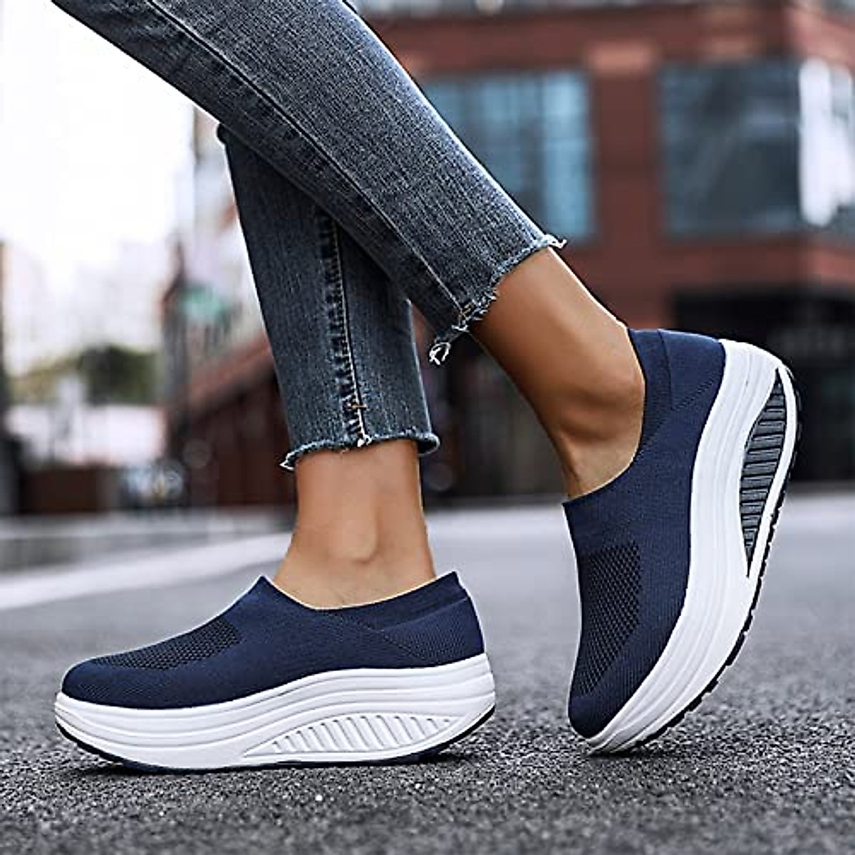 Sneakers for Women Womens Shoes Dressy Casual Wedge Orthopedic Mesh Air Chunky Sole Hidden High Heels with Arch Support Dark Blue