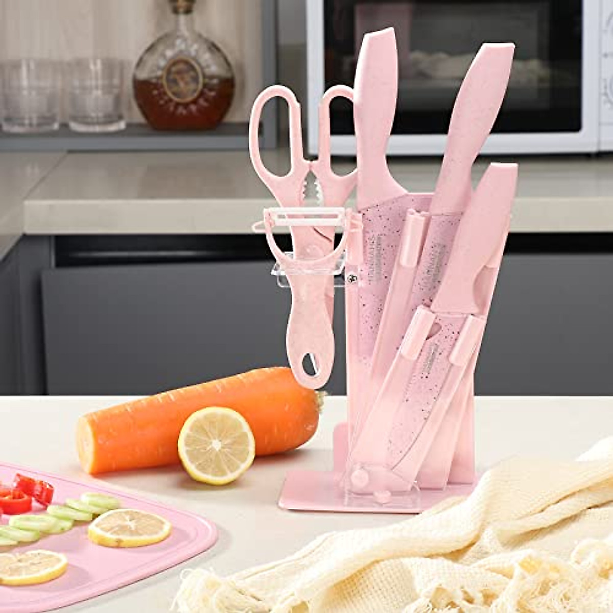 cute knife set includes 3 kitchen knives, ceramic peeler and multipurpose scissor, dishwasher safe, good for beginners