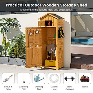 Goplus Outdoor Storage Shed, Wooden Garden Storage Cabinet with Lockable Doors, Foldable Table, Hooks, Utility Tool Organizer with Shelves, Waterproof Outside Tool Shed for Patio Backyard Lawn