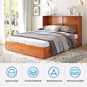 Mjkone Murphy Cube Cabinet Bed with USB Charging Station, Murphy Bed Cabinet with Large Drawer & Folding Mattress, Queen Size Bed Frame for Guest Room, Home, Office - Cherry