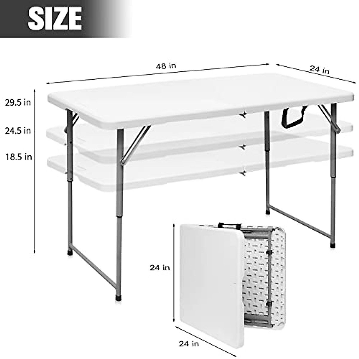 Byliable Folding Table 4 Foot Portable Heavy Duty Plastic Fold-in-Half Utility Foldable Table Small Indoor Outdoor Adjustable Height Plastic Folding Table with Carrying Handle, Camping and Party