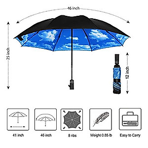 LANBRELLA Umbrella Reverse Travel Umbrellas Windproof Compact Folding - Blue Sky Clouds
