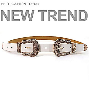 CLARA Women Vintage Western Waist Belt Double Buckle Belt PU Leather Waistband for Jeans Dress (White)