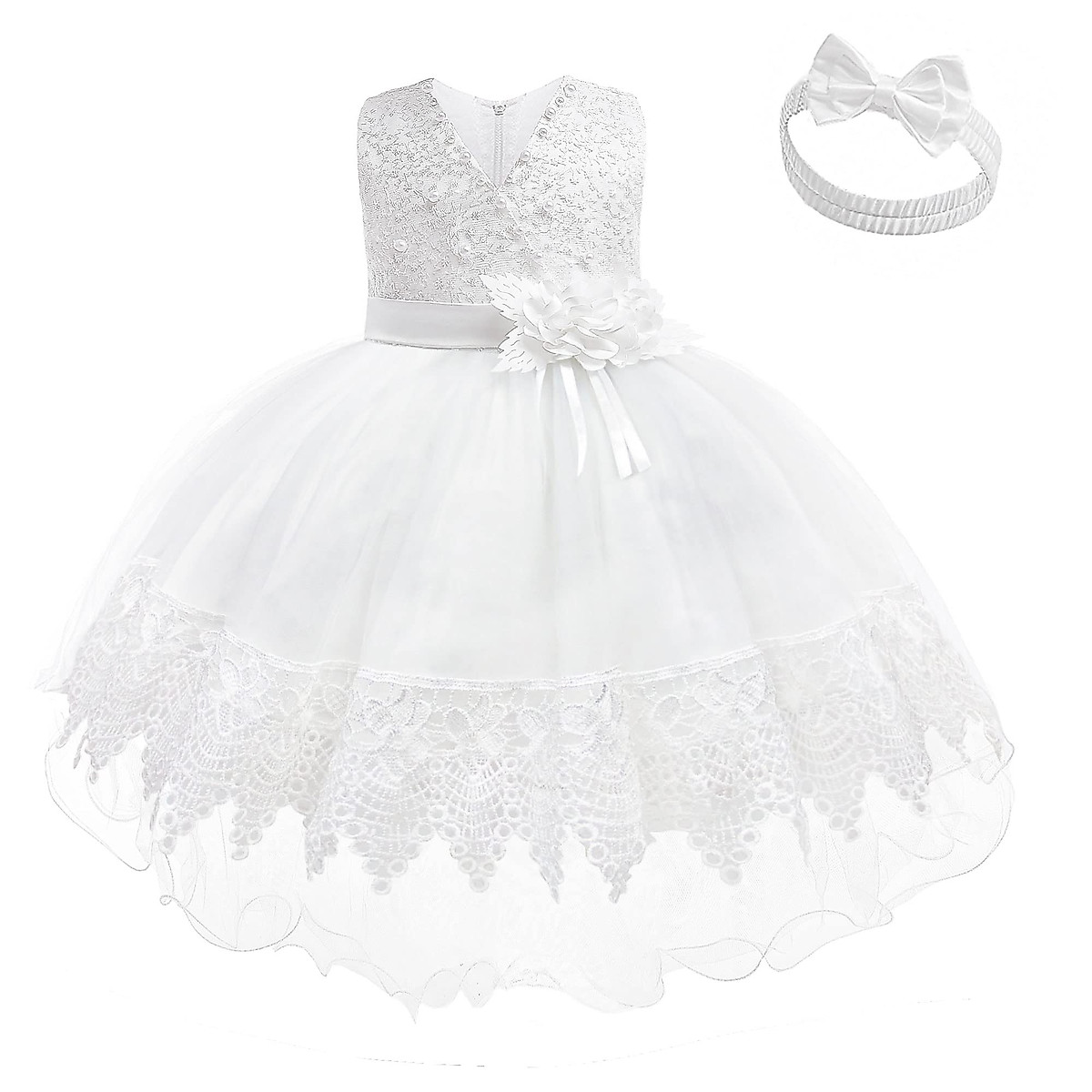 LZH Baby Girl Party Dress Baby Christening Outfit Girl Baby Girl Dresses 0-3 Months Fancy First Baptism Elegant Party D-White