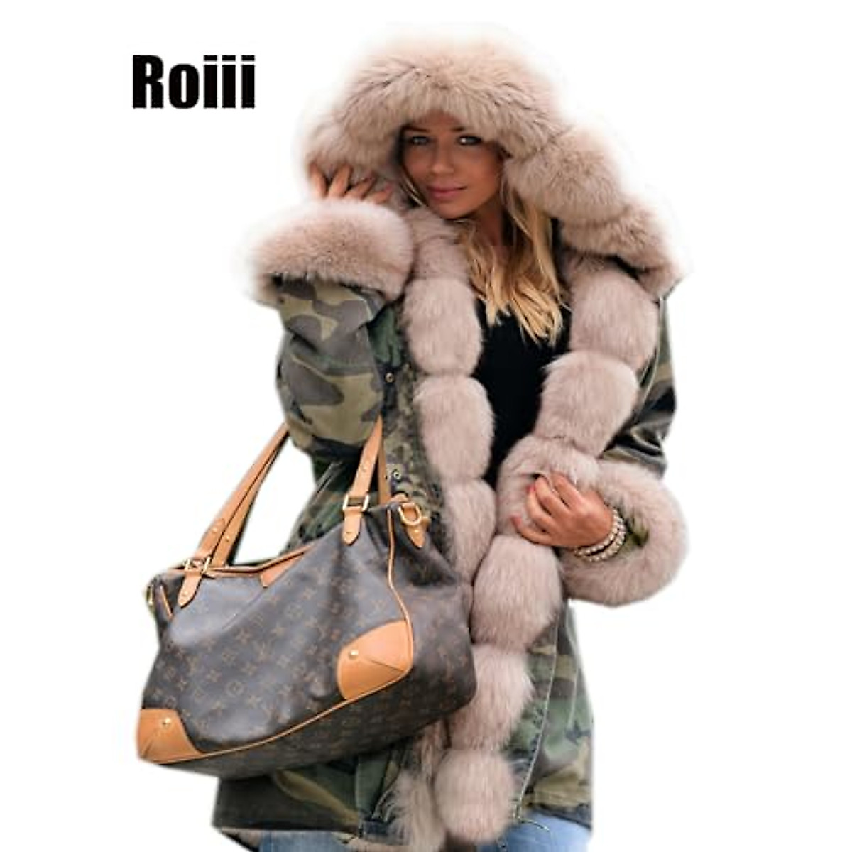 Roiii Women Military Winter Casual Outdoor Coat Hoodie Jacket Long Trench Par Amry Green X-Large / 12