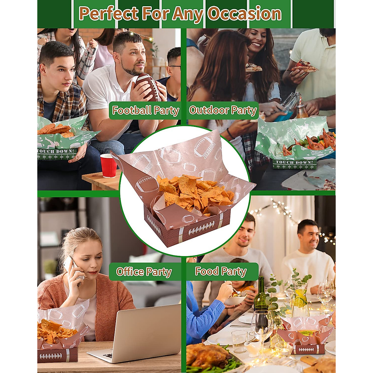 YAYIP 50 Pack Paper Food Trays Disposable with Football Style, Nacho Trays and Hot Dog Tray with Grease Resistant Liner Papers Waxed Deli Sheets for Movie Night Supplies, Food Serving Boats for Snacks